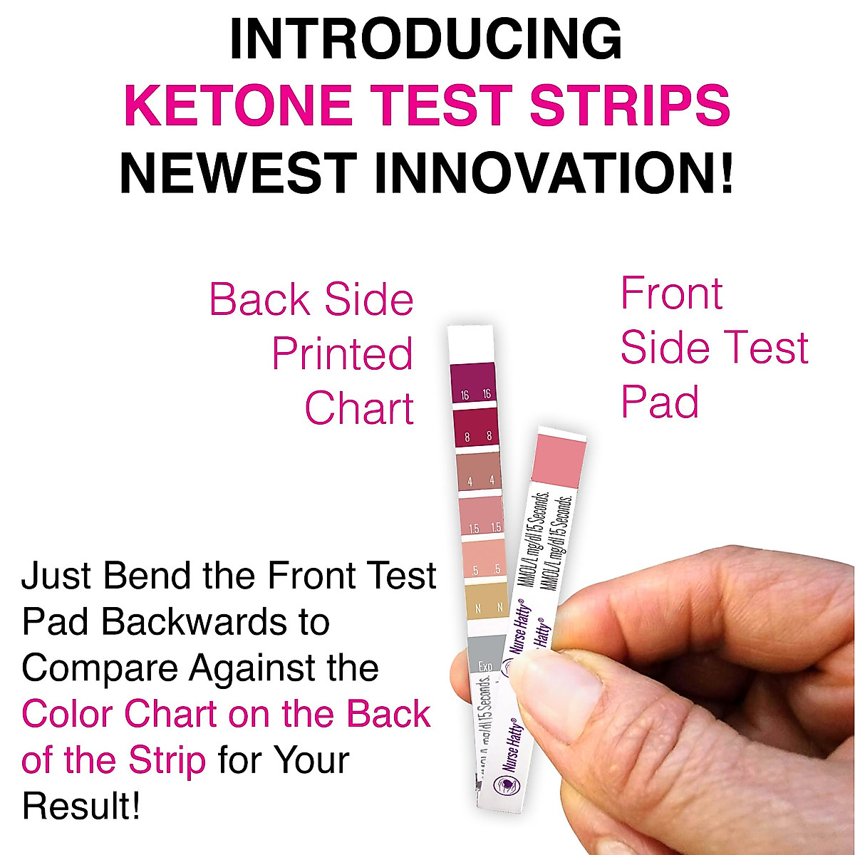 Nurse Hatty - 150 Ketone Test Strips w Built-in Color Chart – Free Keto Guide eBook & Free App - Made-in-The-USA - Urine Test for Ketogenic, Ketosis, Low Carb, Atkins & Paleo Diets - Extra Long Strips