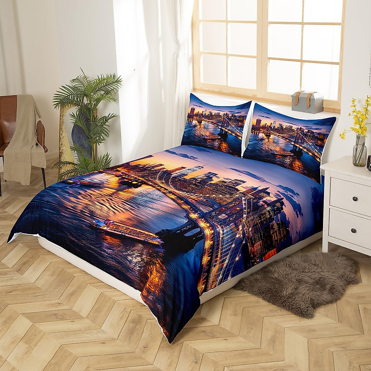 New York City Bedding Set Cityscape Duvet Cover King Size,Manhattan Skyline Comforter Cover Bridge Sunset Scenery Quilt Cover City Lights Bedroom Decor for Boys Girls Youth