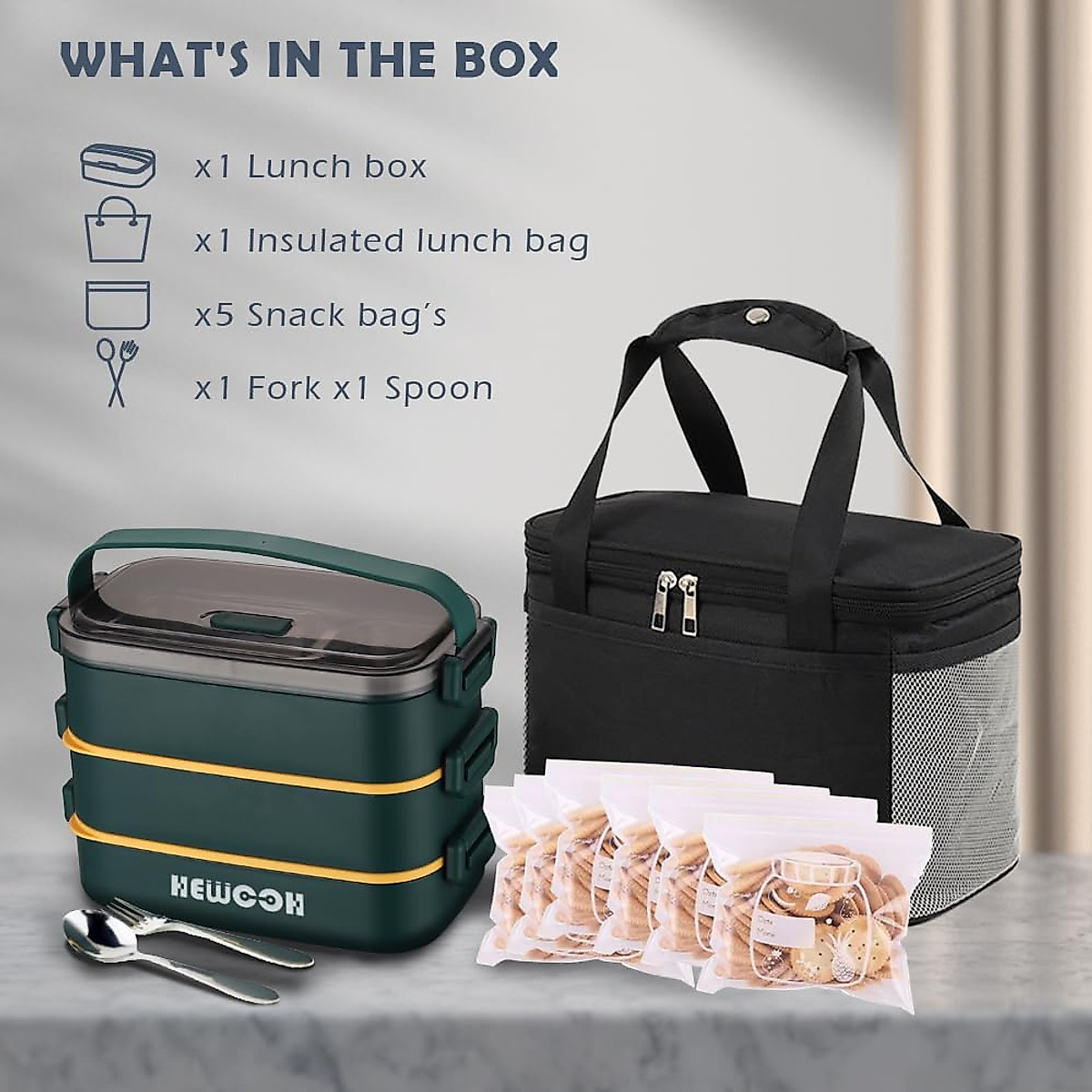 HEWOOH Bento Box Adult Lunch Box (74 Oz Large Capacity), Reusable, Including Lunch Bag, Fork And Spoon, 3 Dividers, Suitable For Work, School, Picnic, Dishwasher And Microwave Safe. （Green）