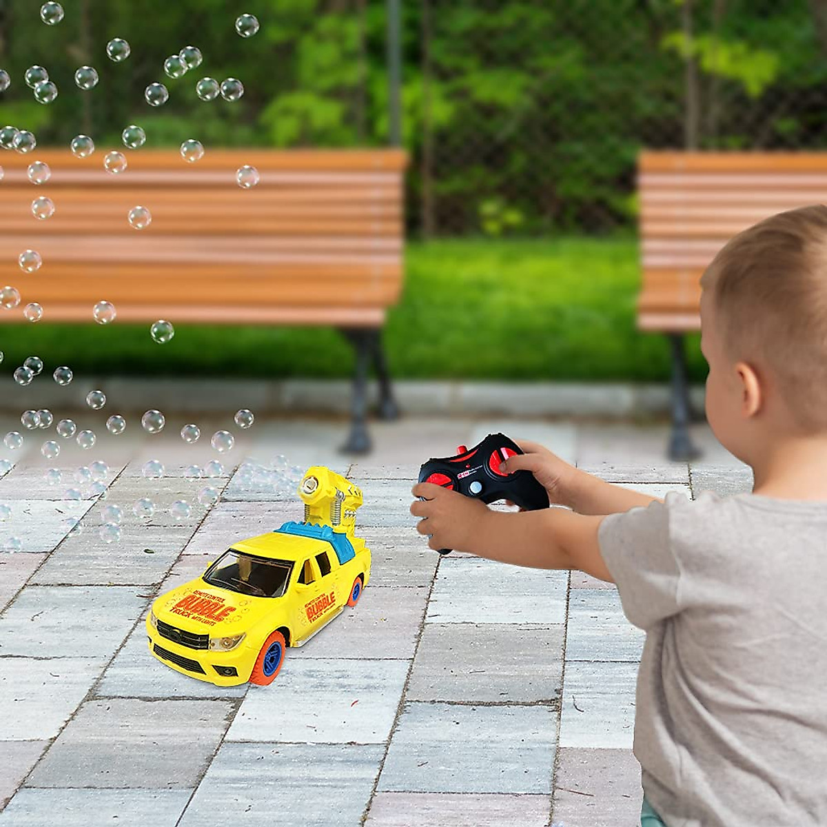 ArtCreativity Remote Control Bubble Pickup Truck with Lights, Includes Rechargeable Bubble Blowing Car, Controller, Bubble Solution, Mini Funnel & Charging Cable, Indoor & Outdoor Bubble Toy for Kids