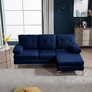 RXRRXY 80.7'' Sectional Sleeper Sofa L Shaped Couch, Small Upholstered 3 Seat Sleeper Couch with Chaise, Chenille Fabric Minimalist Sofa with Sturdy Legs for Living Room, Bedroom, Apartment (Navy)