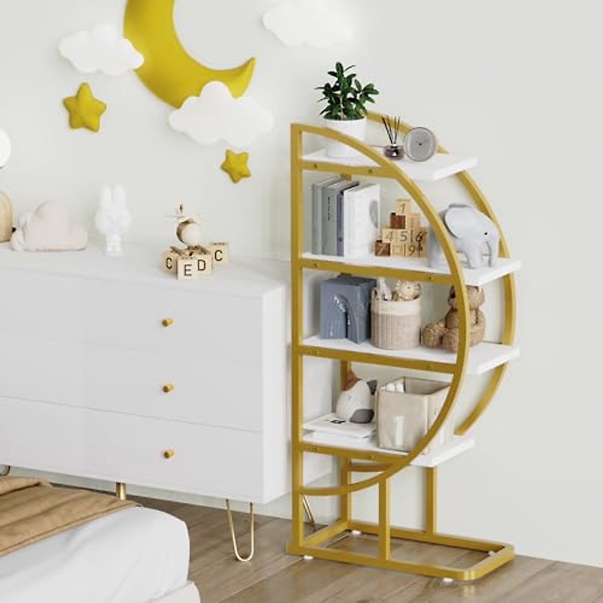 Vrullu Gold Bookshelf Set of 2, 4-tirer Storage Shelves with Steel Frame, Half Moon Display Bookcase Standing Organizer, Decorative Book Shelf with Adjustable Feet for Living Room, Hallway
