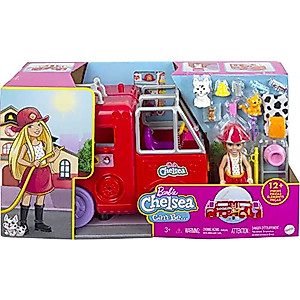 Barbie Chelsea Can Be Doll & Toy Fire Truck Playset with Blonde Small Doll, 2 Pets & 15+ Accessories, Open for Fire Station