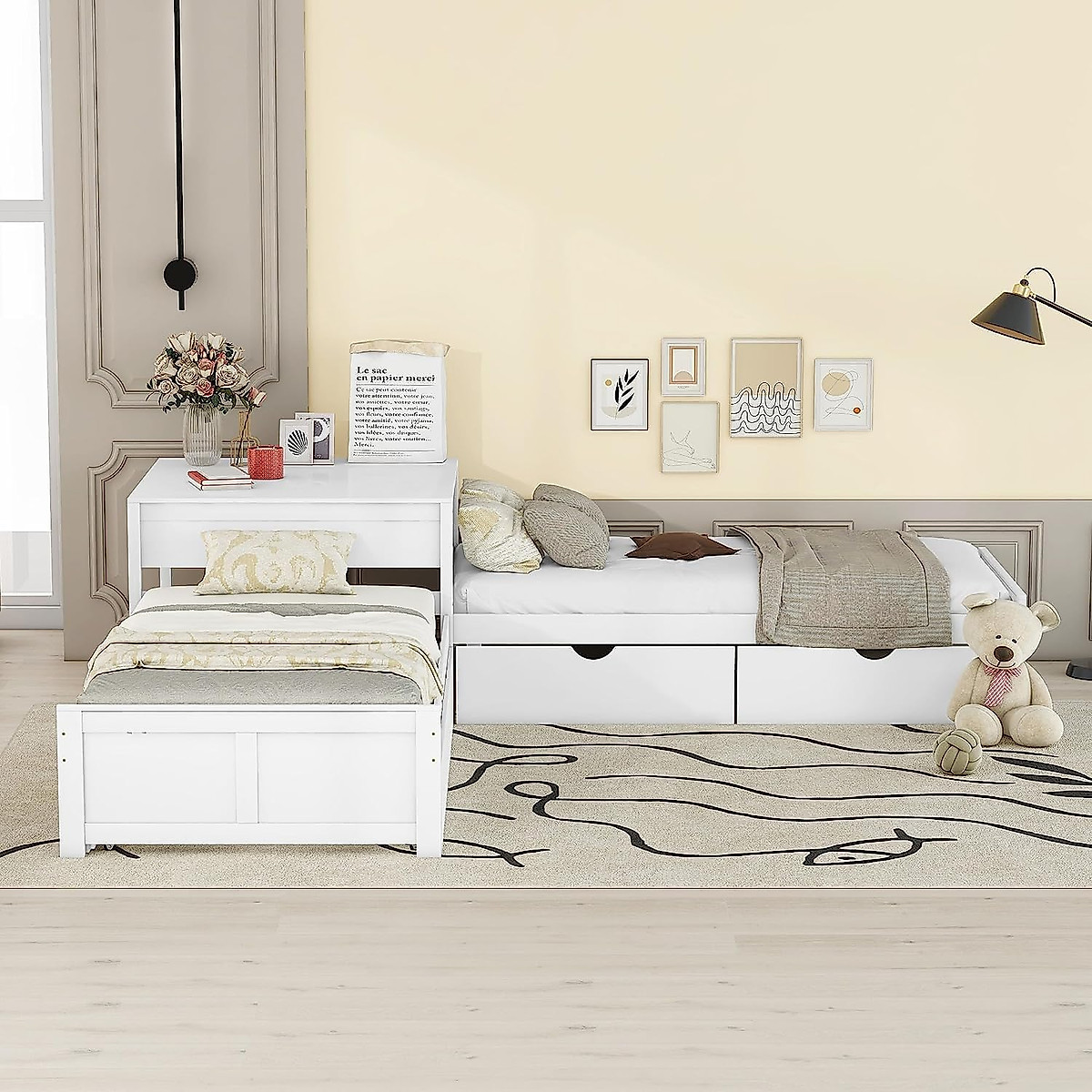 CITYLIGHT L-Shaped Platform Bed with Trundle and Drawers Linked with Built-in Desk, Wood Corner Bed with 3 Twin Beds for Kids Girls Boys Teens Bedroom (Twin,White)