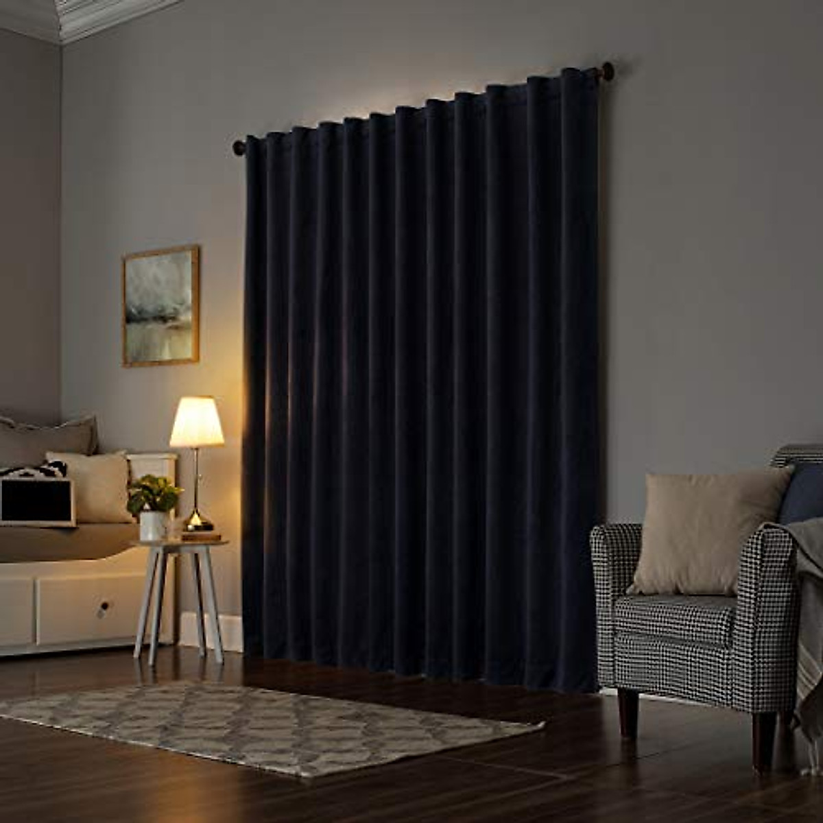 Sun Zero Hampshire Velvet Noise Reducing Thermal Extreme Total Blackout Back Tab Curtain Panel, 50" x 84", Navy Blue