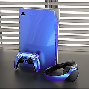 PlayVital Chrome Purple Blue Glossy Full Set Skin Decal for ps5 Console Disc Edition, Sticker for ps5 Vinyl Decal Cover for ps5 Controller & Charging Station & Headset & Media Remote