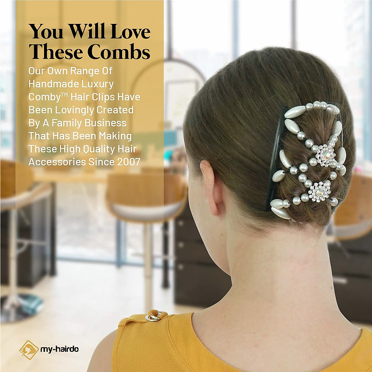 Wood Beaded Hair Combs for Long Hair - Stretchy Double Hairpins, Bun Maker, Elegant Hair Claw with Elastic, Hair Accessories for Updos, Side Comb Clips (Luxury Silver/Black)