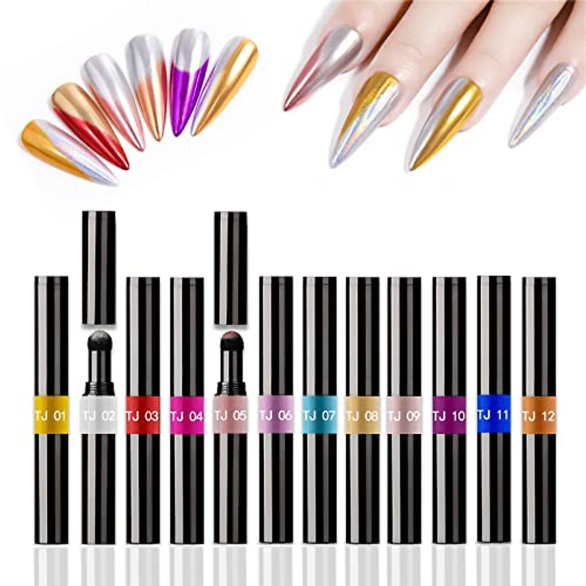 RoseFlower 12 Colors/Set Chrome Nail Powder Pen Holographic Nails Powder with Mirror Effect, Manicure Cushion, Neon Holographic Metallic Luster Powder Aurora Effect Pigment Glitter Fine Nail Art