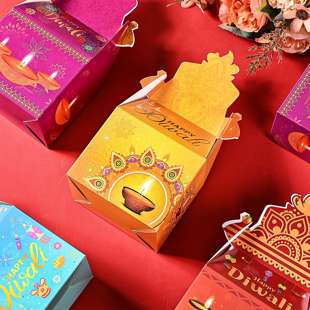 24Pack Happy Diwali Party Favor Boxes Rangoli Lantern Diya Pattern Treat Boxes Diwali Party GoodieGable Boxes for Indian Festival of Lights Party Decorations