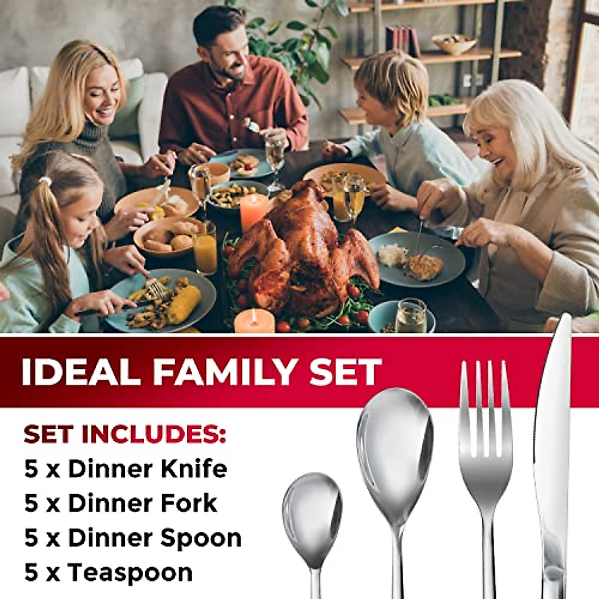 Mueller Flatware Set, 20-Piece Stainless Steel Silverware Set, Elegant Cutlery Set Service for 5 - Spoon, Knife, Fork, Teaspoon, Dishwasher Safe, Ergonomic Shape