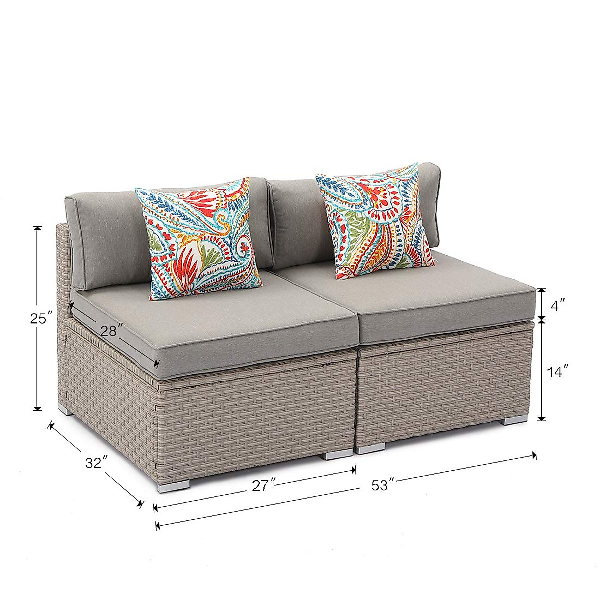 COSIEST 2-Piece Outdoor Furniture Add-on Armless Chairs for Expanding Wicker Sectional Sofa Set w Warm Gray Thick Cushions, 2 Floral Fantasy Pillows for Garden, Pool, Backyard