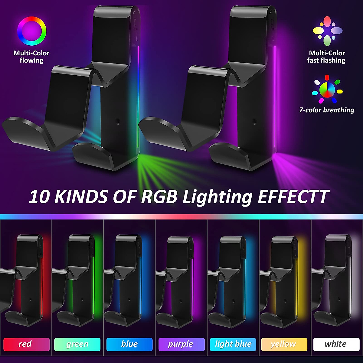 ArtCWK RGB Dual Game Controller & Headphone Holder Charger with 10 Light Modes and 2 USB Charging Port, Wall Mount Stand Charger for Xbox PS5 PS4 PS3 Xbox Switch, for All Universal Gamepad & Headsets