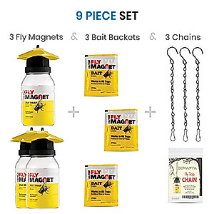 [Set of 3] Reusable Outdoor Fly Traps 32 oz - Fly Magnet Bait Trap - Made in USA - Bundled with 3 Bait Refills and 3 Hanging Chains