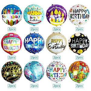24 Pcs Happy Birthday Foil Balloons 18 inch Round Helium Floating Mylar Balloon Inflatable Balloons for Birthday Party Decorations Supplies,12 Patterns