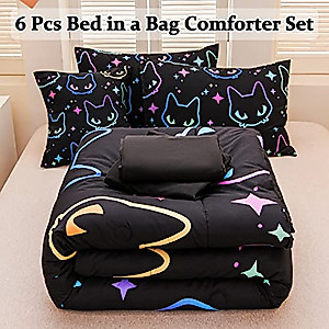 Tasselily Cute Cat Twin Comforter Set for Boys Girls, Soft Warm Lightweight 6 Piece Bed in A Bag Teen Kids Bedding Sets with Sheets
