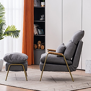 MCombo Accent Recliner with Ottoman, Fabric Arm Club Chair with Metal Legs, Adjustable Backrest and Pillow, Single Sofa Chair for Living Room Bedroom 4058 (Dark Grey, Golden Frame)