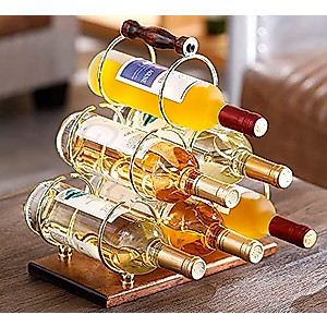 Fadak Countertop Wine Rack, Tabletop 6 Bottles Wood Wine Holder, Sturdy Handle, 3-Tier Rustic Classic Design, Simple Assembly, Wood & Metal (Gold)