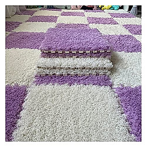 10 Pcs Thickened Plush Foam Interlocking Floor Mat, Fluffy Square Interlocking Foam Tiles, Soft Anti-Slip Puzzle Area Rug Playmat for Room Floor(Color:Purple+White)