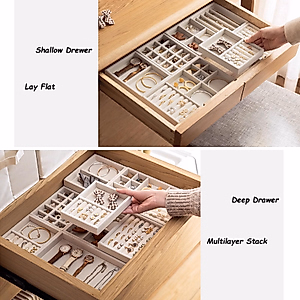 MINGRI Jewelry Organizer Trays,Earring Holder Tray Stackable Velvet Drawer Organizer Tray for Necklace,Ring,Bracelet Brooch Watch,Jewelry Storage Display Case Insert for Women Girls Set of 4 (Beige)