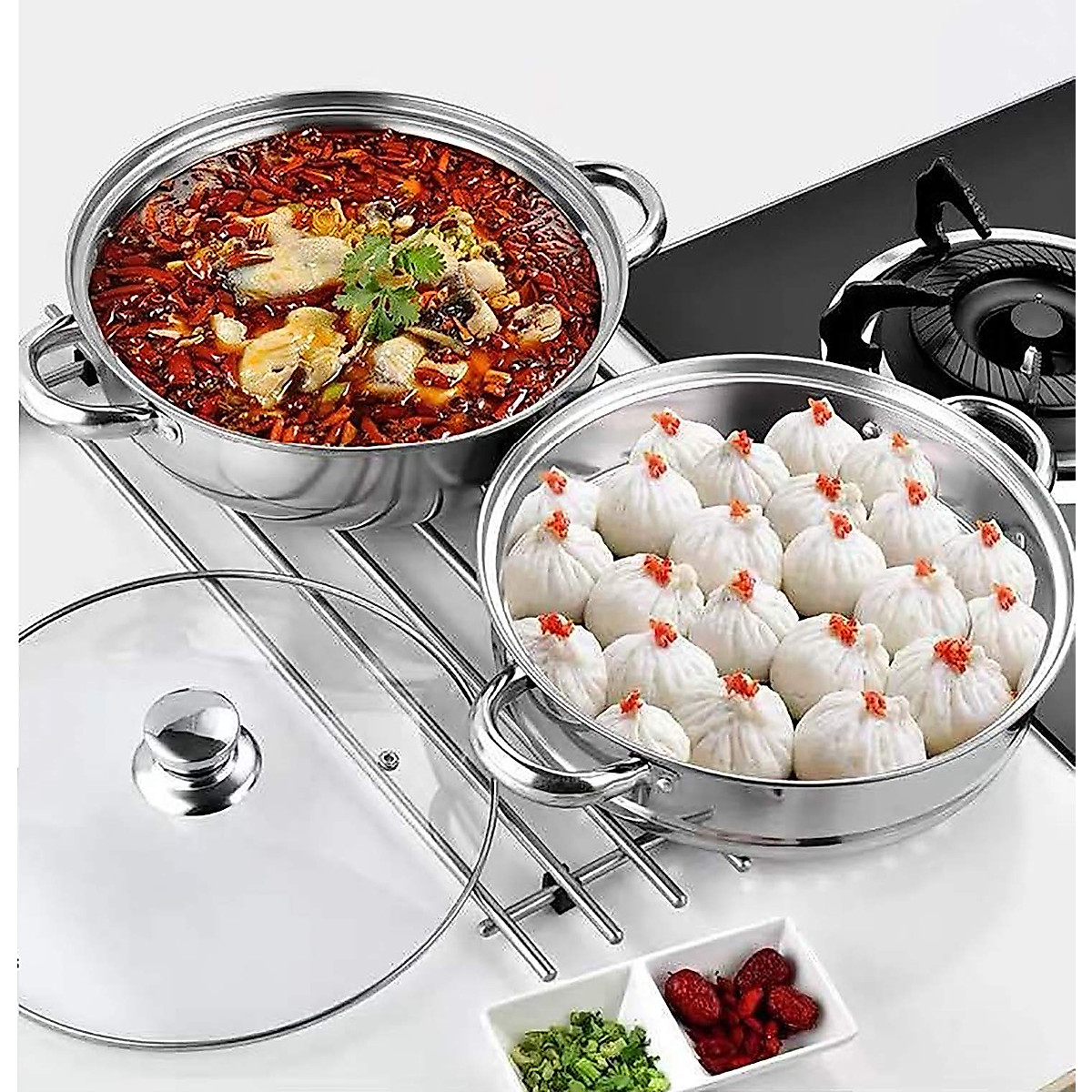 Steamer Pot Stainless Steel 2 Tier - 28cm Steamer Pot w/Glass Lid Food Veg Cooker Pot Cooking Pan Steaming Pot Dim Sum Cookware Steamer For Kitcken Cooking Tool