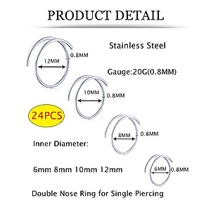 Akeoqi 24Pcs Double Nose Hoop Ring for Single Piercing Stainless Steel Nose Rings Twist Spiral Nose Ring Nostril Piercings Jewelry 6-12MM Bendable for Women 20G
