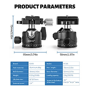 Ball Head Mount, CAVIX 36mm Ball Head Camera Tripod Head with 1/4“ Arca Swiss Quick Release Plate for Tripod, Monopod, DSLR, Camera,Load 33lb/15kg