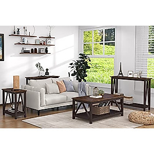 ChooChoo Farmhouse Coffee Table, Rustic Vintage Living Room Table with Shelf, 40 Espresso