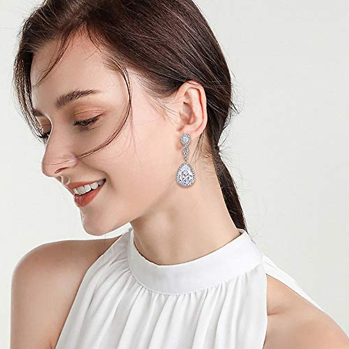 EVER FAITH Crystal Wedding Earrings for Bride Bridesmaids, White Cubic Zirconia Birthstone 8-Shape Infinity Pierced Bridal Dangle Earrings Clear Silver-Tone
