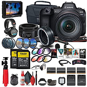 Canon EOS R6 Mirrorless Digital Camera with 24-105mm f/4L Lens (4082C012) + 4K Monitor + Canon EF 50mm Lens + Pro Headphones + Mount Adapter EF-EOS R + Pro Mic + 2 x 64GB Tough Card + More (Renewed)