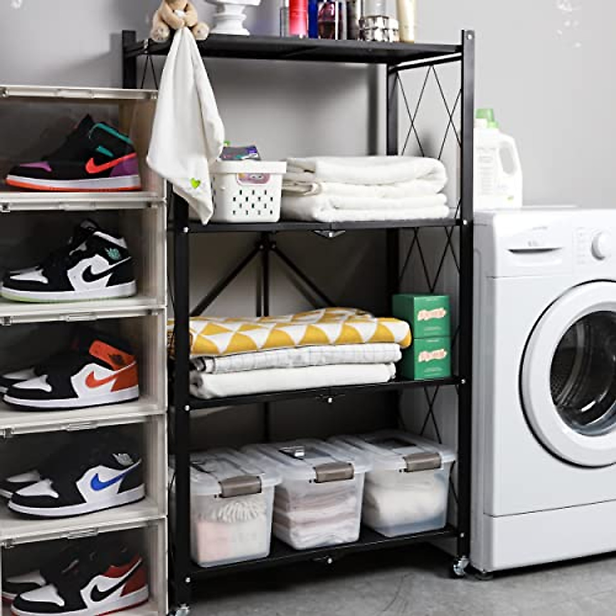 Citylife 4-Tier Storage Shelves with Wheels Foldable Shelving Unit Heavy Duty Garage Metal Storage Rack Kitchen Shelf for Storage