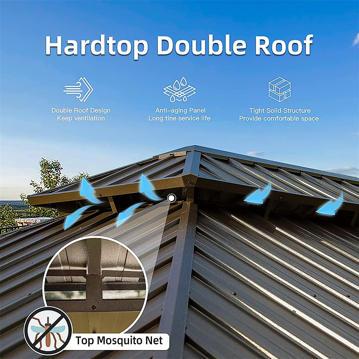 12x16Ft Hardtop Gazebo Wooden Coated Aluminum Frame Canopy Galvanized Steel Double Roof Outdoor Wood-Looking Permanent Metal Pavilion with Curtains and Netting for Patio Deck Lawn