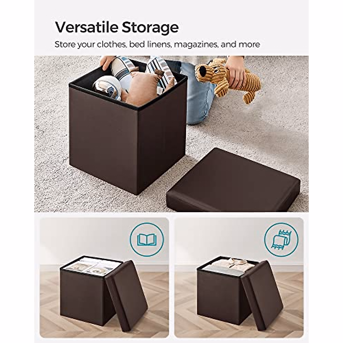 SONGMICS 15" x 15" x 15" Storage Ottoman Cube / Footrest Stool / Coffee Table / Puppy Step, Holds Up to 660lbs , Faux Leather ,Brown ULSF10B
