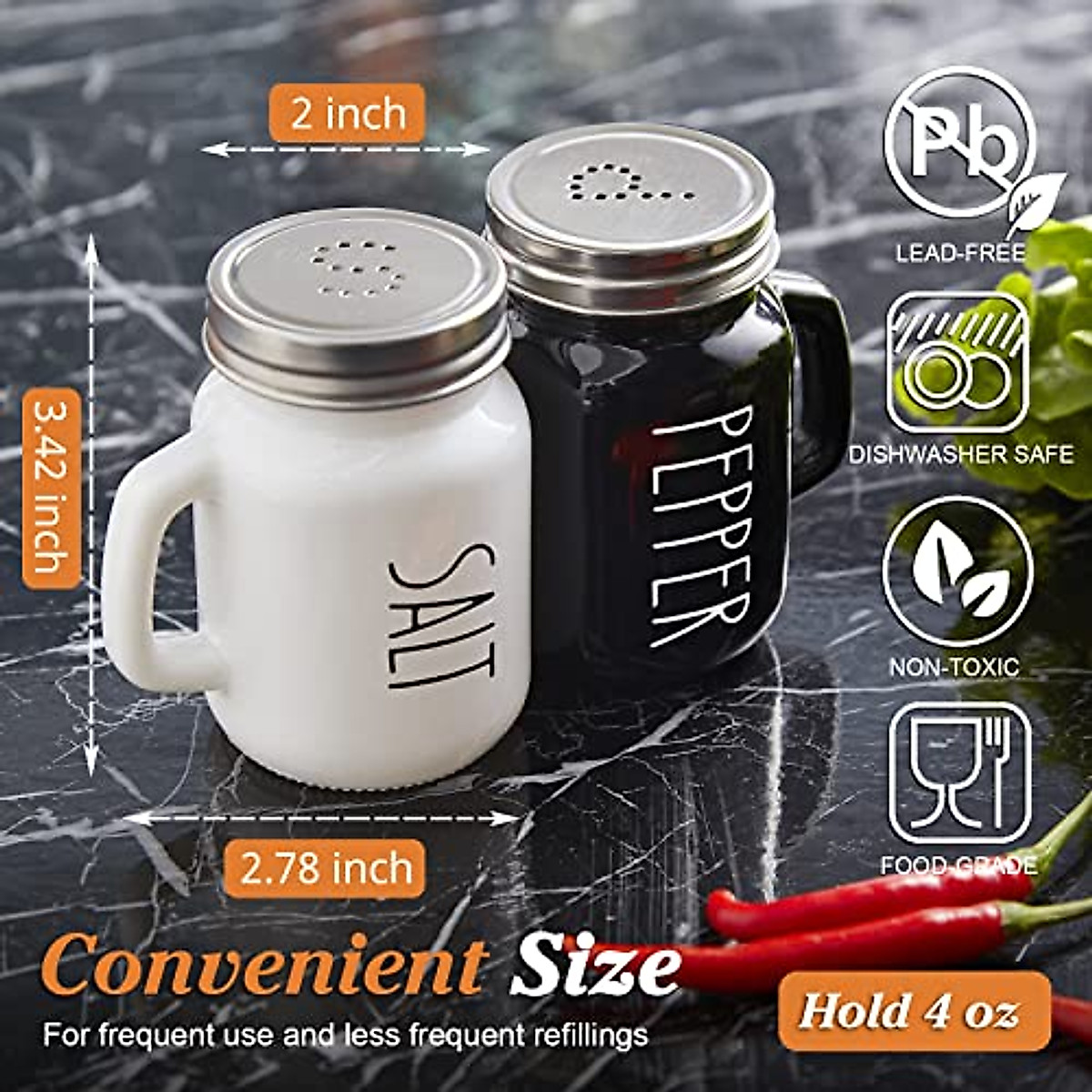 Salt and Pepper Shakers Set, Bivvclaz 4 oz Glass Black White Salt Pepper Shaker Set with Stainless Steel Lid, Modern Kitchen Decor for Home Restaurants Wedding, Ideal Gift Choice