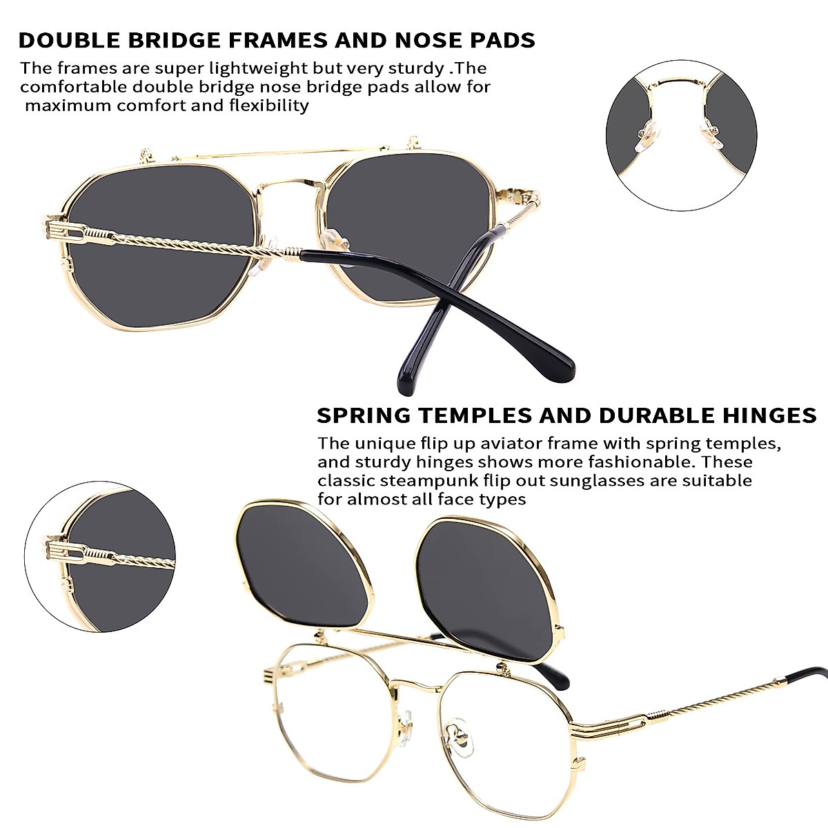 Dollger Flip Up Sunglasses Men Women Polarized Steampunk Flip Sunglasses with Double Lenses(Gold Frame Gray Lens)