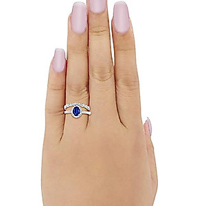 Halo 2-Piece Art Deco Wedding Engagement Bridal Set Ring Band Oval Simulated Blue Sapphire Round Cubic Zirconia 925 Sterling Silver, Size-6