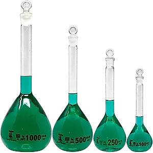 Volumetric Flask Set - 4 Sizes - 100, 250, 500, and 1000ml, 3.3 Boro Glass, Class A, Ground Stopper, Karter Scientific 213W18
