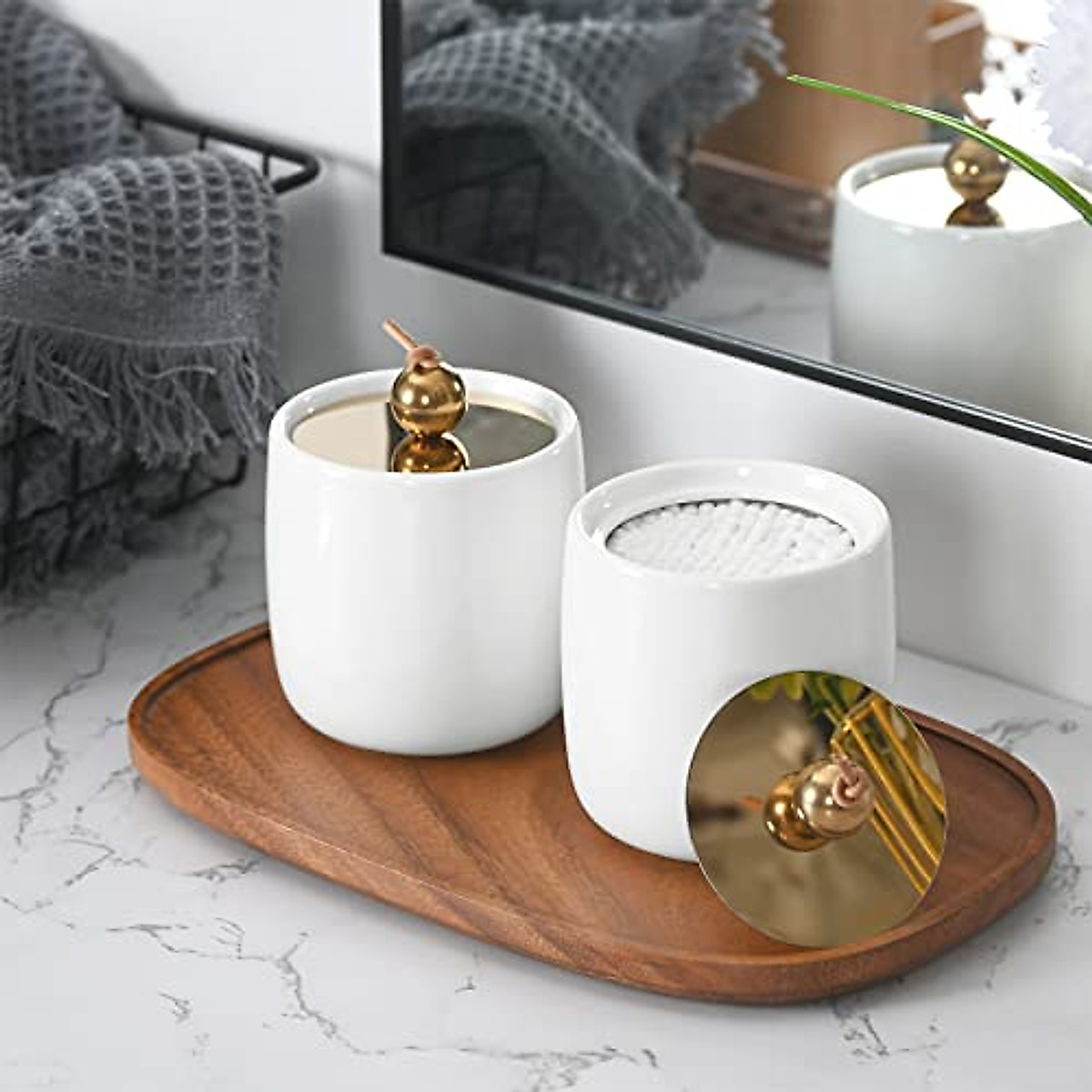 2 Pack Ceramic Qtip Holder Dispenser with Gold Lids, White Apothecary Jars Bathroom Vanity Organizer - Bathroom Canister for Cotton Swabs, Rounds, Balls, Makeup Sponges, Bath Salts