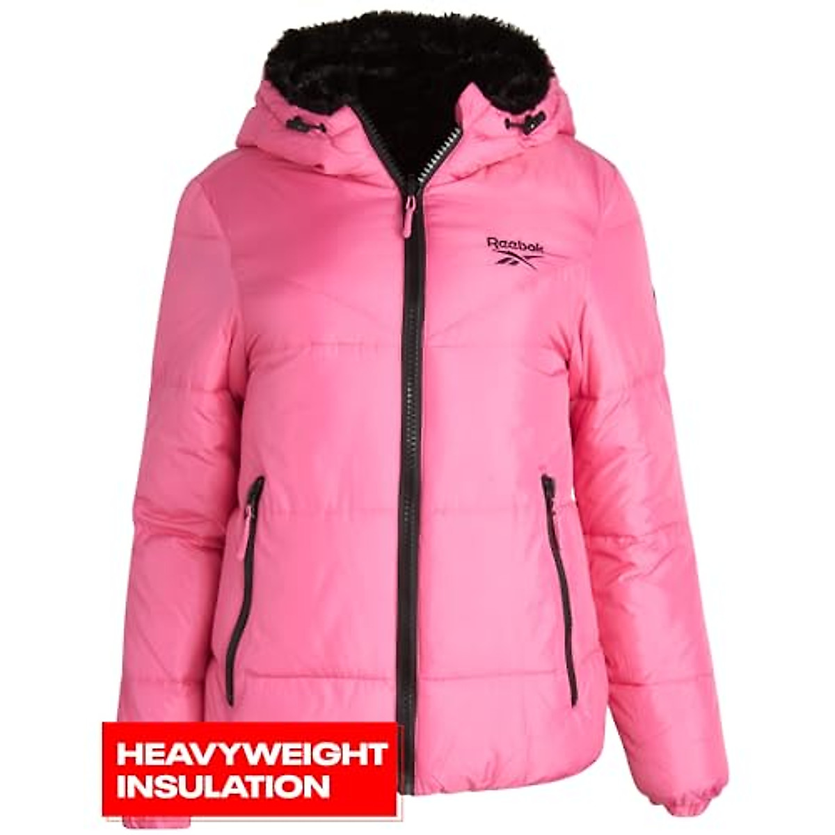 Reebok Women's Winter Jacket - Reversible Quilted Puffer Coat with Sherpa Fleece Lining - Reversible Jacket for Women (S-XL), Size Medium, Laser PinkBlack