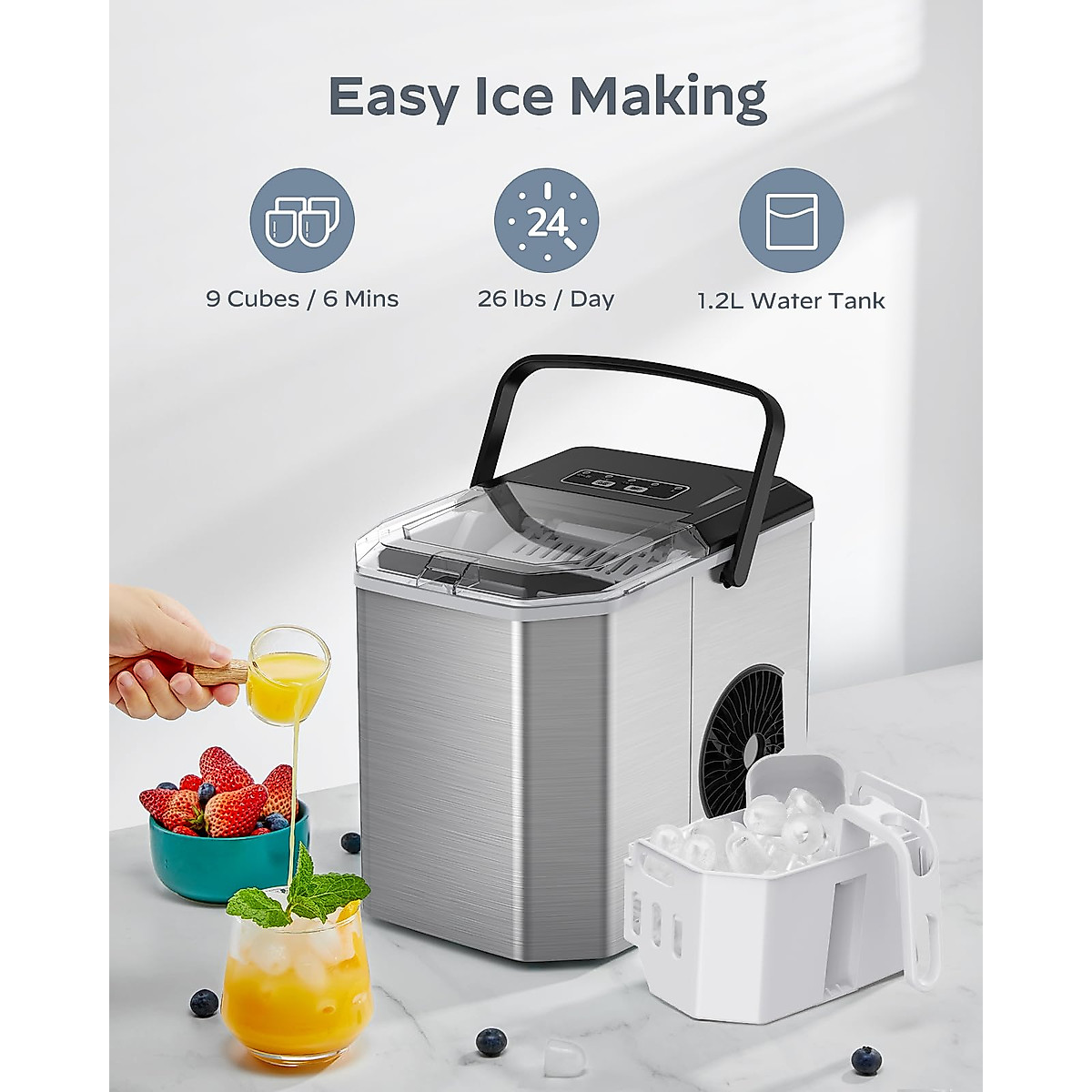 Silonn Stainless Steel Ice Maker Countertop, Stainless Steel Portable Ice Machine with Carry Handle, Self-Cleaning Ice Makers with Basket and Scoop, 9 Cubes in 6 Mins, 26 lbs per Day