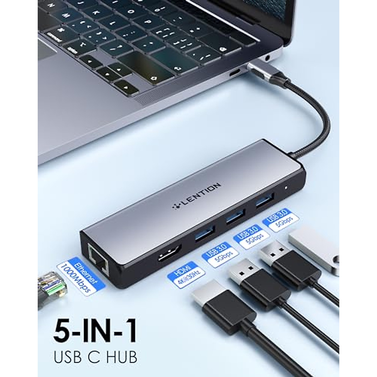 LENTION USB C Hub with a Gigabit Ethernet Port, 4K HDMI Display, 3 USB-A USB 3.0 Ports for MacBook Pro, MacBook Air, Dell, Lenovo, HP Laptops and More, Stable Driver Certified (C25, Space Gray)