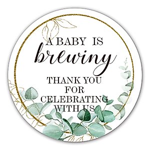 50 Greenery A Baby is Brewing Stickers - Gender Neutral Baby Shower Favor Stickers for Invitations, Candles, Popcorn, Water Bottles - 2 Inches.