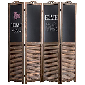 MyGift 4 Panel Rustic Dark Brown Wood Folding Room Divider Decorative Semi Private Screen with Chalkboard Panels and Two Way Hinges
