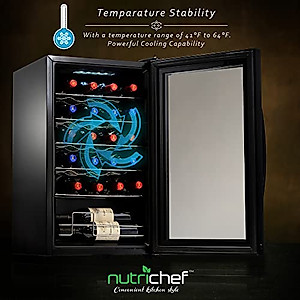 NutriChef 24 Bottle Compressor Wine Cooler Refrigerator Cooling System | Large Freestanding Wine Cellar Fridge For Red And White Champagne or Sparkling, Black Glass Door