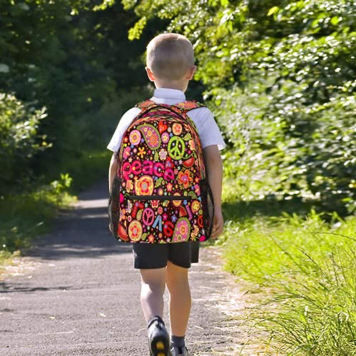 ZQYLAN Peace Sign School Laptop Backpack Colorful Floral Flower Teens School Bags Bookbag,18inch Large Water Resistant College Travel Computer Notebooks Daypack for Men Women