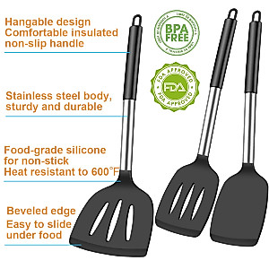 KLAQQED 3Pcs Spatula Silicone Spatula Turner Set Fish Spatulas Silicone Heat Resistant Spatulas for Nonstick Cookware Rubber Wok Spatula, Long Large Spatula Silicone Cooking Use Kitchen Utensils Set