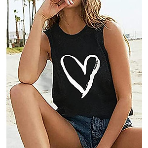 MAGICMK Women Summer Casual Sleeveless Tank Tops Crew Neck Graphic Basic Black Shirts (L, Black+White)