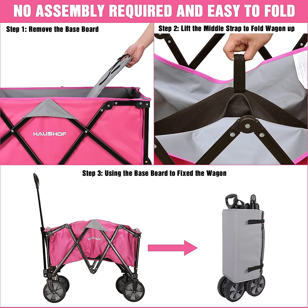 HAUSHOF Heavy Duty Collapsible Wagon, Folding Outdoor Utility Wagon, Camping Garden Beach Cart with Universal Quick Release Wheels, Adjustable Handle, 176 lbs Load Capacity, Pink