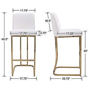 Wahson Set of 2 Classic Modern Faux Leather Upholstered 29" H Bar Height Stools, for Kitchen Island/Dining Room, with Golden Metal Frame, White