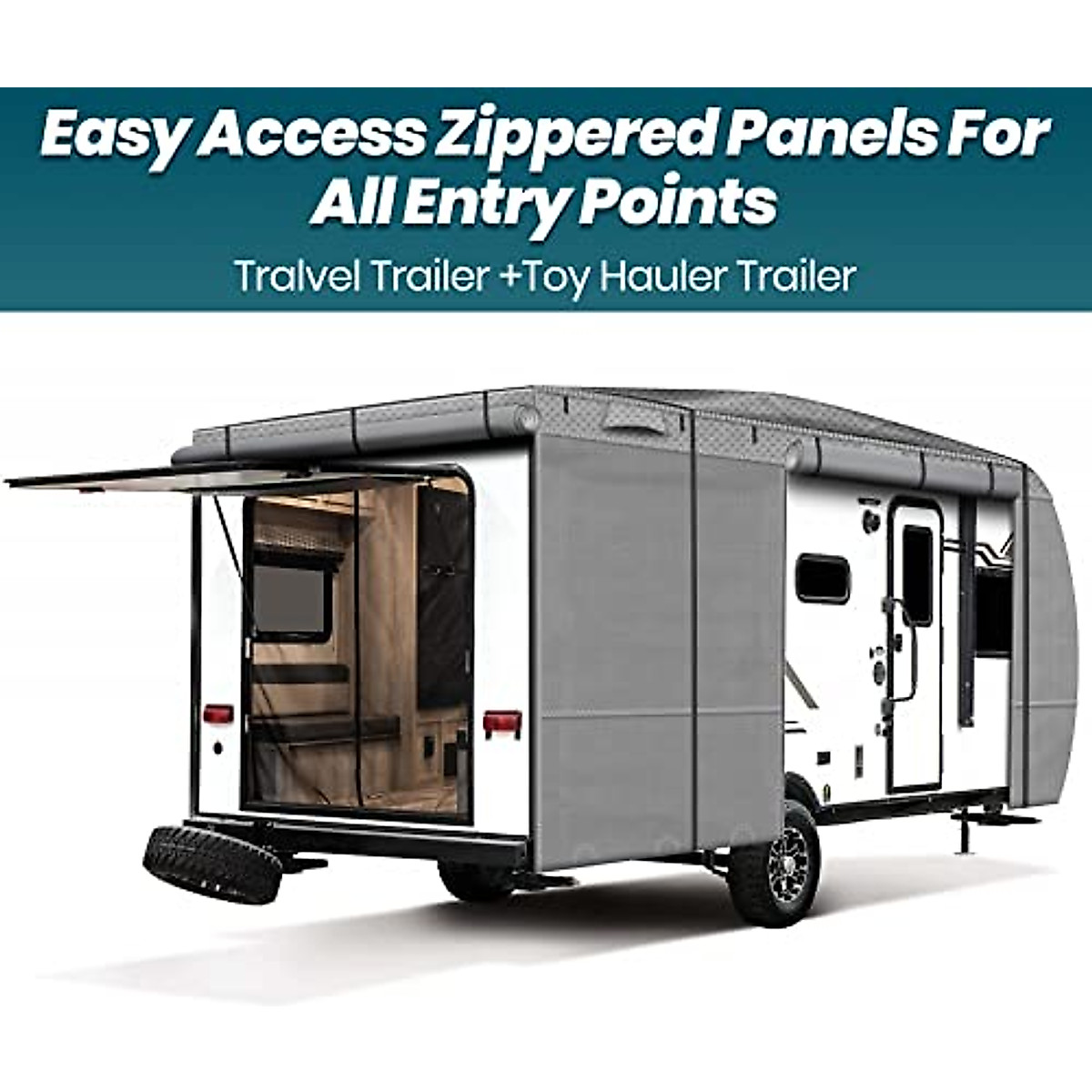 Toy Hauler 27'-30' Travel Trailer RV Cover, UV Protection Camper Covers 8 Layers Top Waterproof Windproof Moving Trailer Motorhome Cover Universial Fit with 6 Gutter Spout Covers 1 Storage Bag