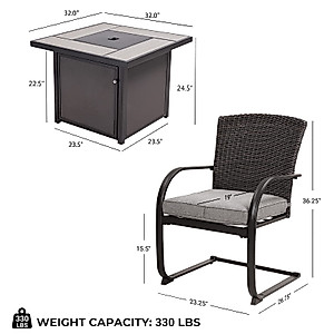 Grand patio Outdoor 5-Piece Steel Fire Pit Dining Set All-Weather 4 Steel Rocking Wicker Chairs with Removable Olefin Cushion & 32-in Square CSA Approved 50000BTU Sling Base Propane Gas Fire Table